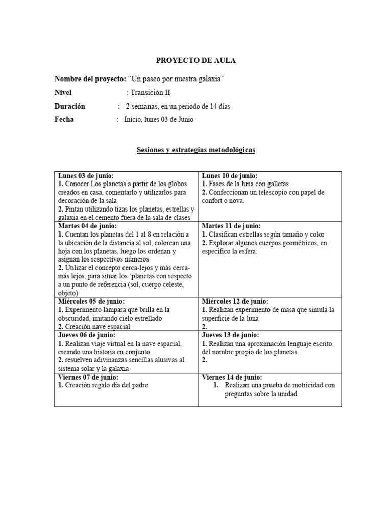 Proyecto de Aula Un Paseo Por Nuestra Galaxia | PDF | Educación de la ...