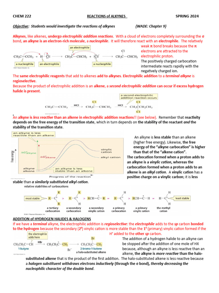 Alkyne Reactions Spring 2024 | PDF | Alkene | Chemical Reactions