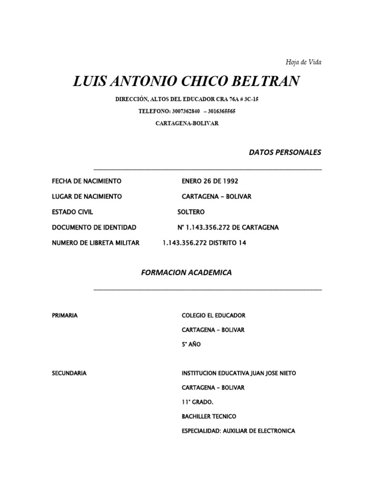 Hoja de Vida de Luis Antonio Chico Beltrán | PDF