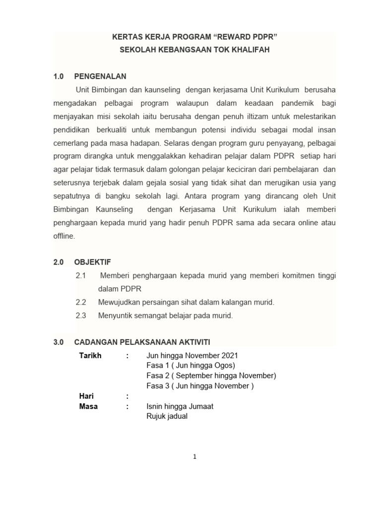 Kertas Kerja Reward PDPR 2021 | PDF