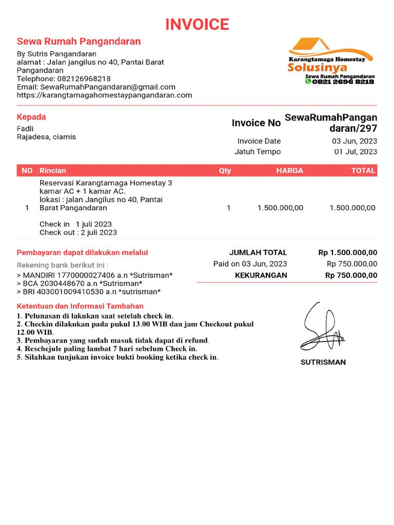 Invoice SewaRumahPangandaran297 | PDF