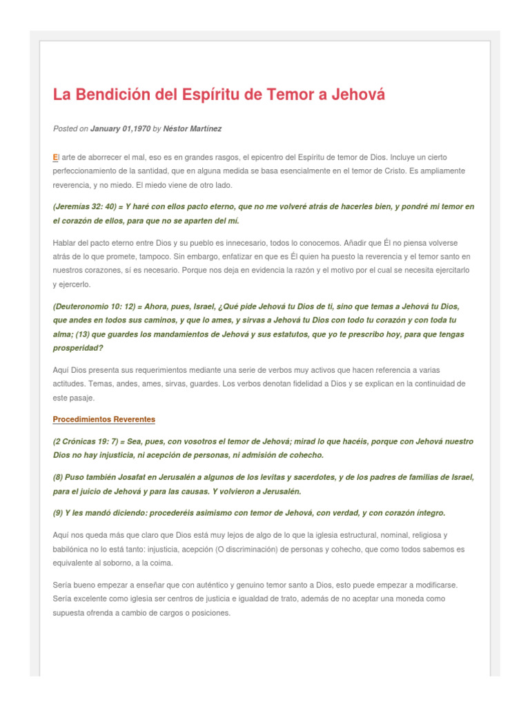 La Bendici N Del Esp Ritu de Temor A Jehov | PDF | Pecado | Dios
