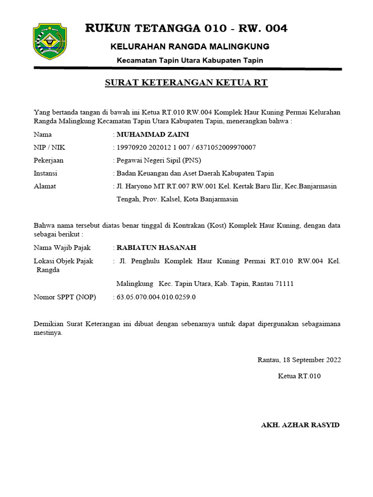 Surat Keterangan Ketua RT Zaini | PDF