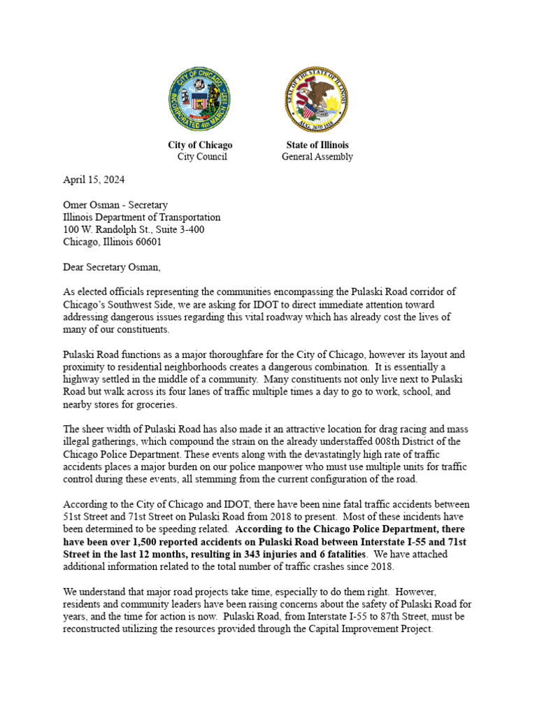 IDOT Letter On Pulaski Road Safety | Download Free PDF | Traffic ...