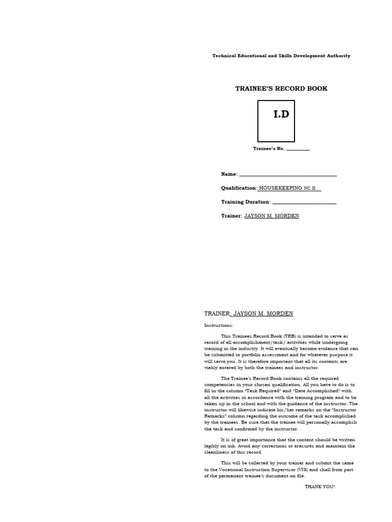 Trainee's Record Book | PDF | Housekeeping