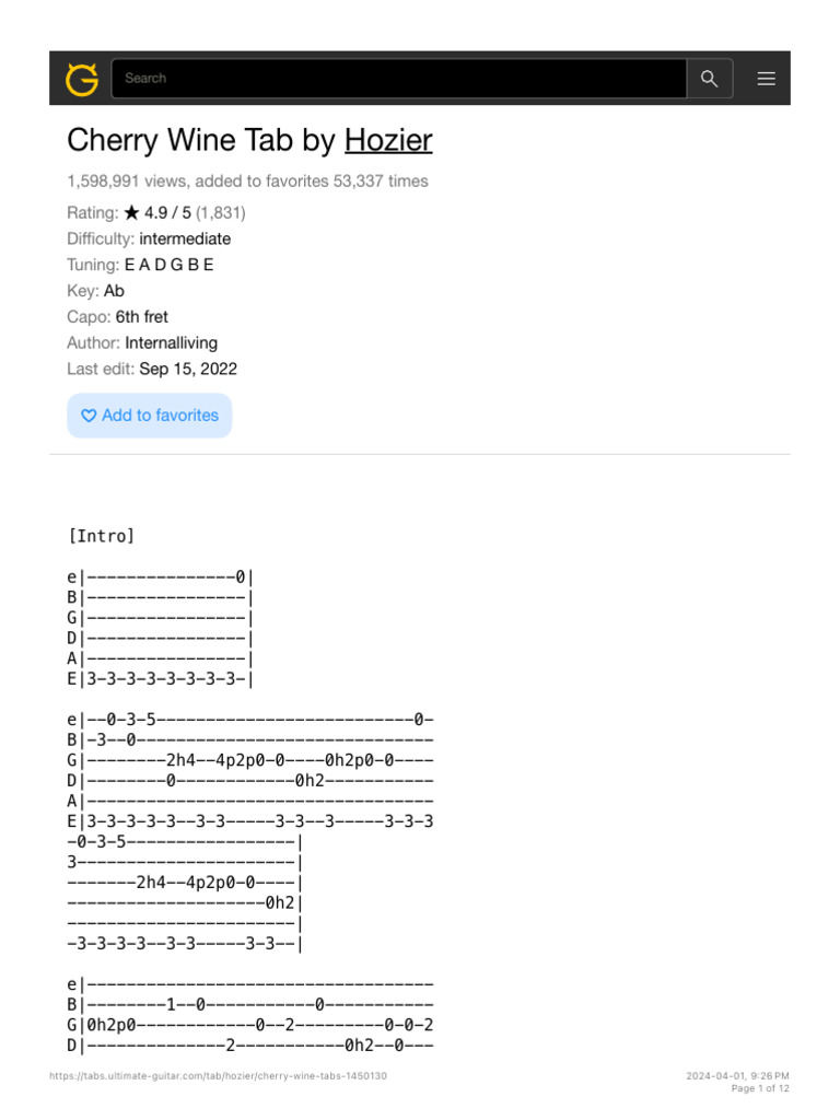 Hozier's Cherry Wine Guitar Tab | PDF