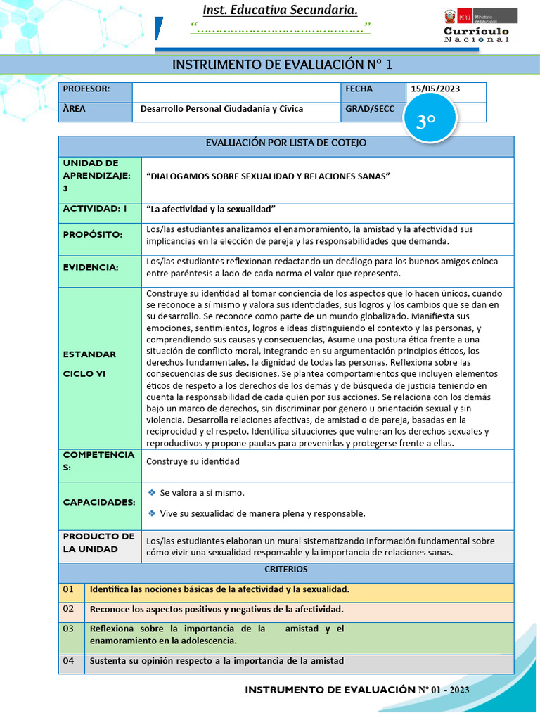 3º DPCC - LC Act.1 Uni 3 - Sem 01 | PDF | Evaluación | La sexualidad humana