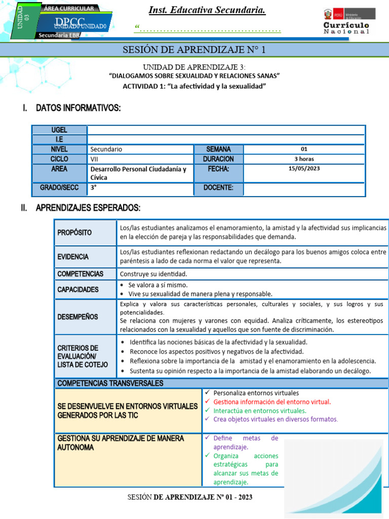 3º DPCC- SESION 1 UNI 3 - SEM 01 | PDF | Aprendizaje | Evaluación