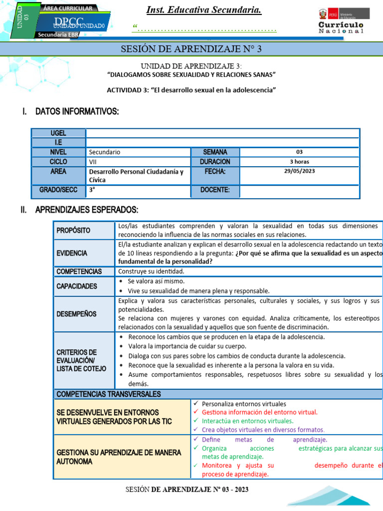 3º DPCC - Sesion 3 Uni 3 - Sem 03 | Descargar gratis PDF | Aprendizaje | La sexualidad humana