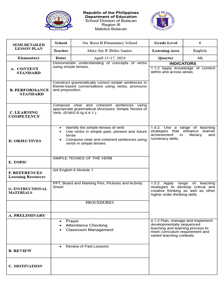 SEMI DETAILED LESSON PLAN With INDICATORS | Download Free PDF ...