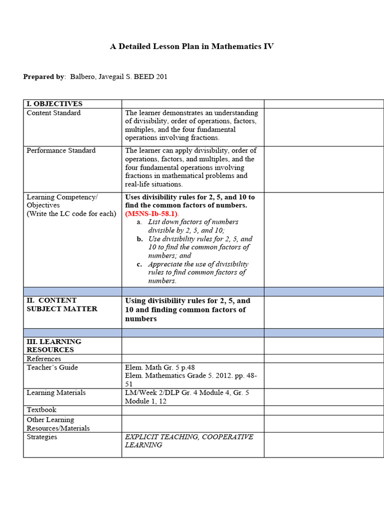 Math Lesson Plan: Divisibility Rules | PDF | Recycling | Learning