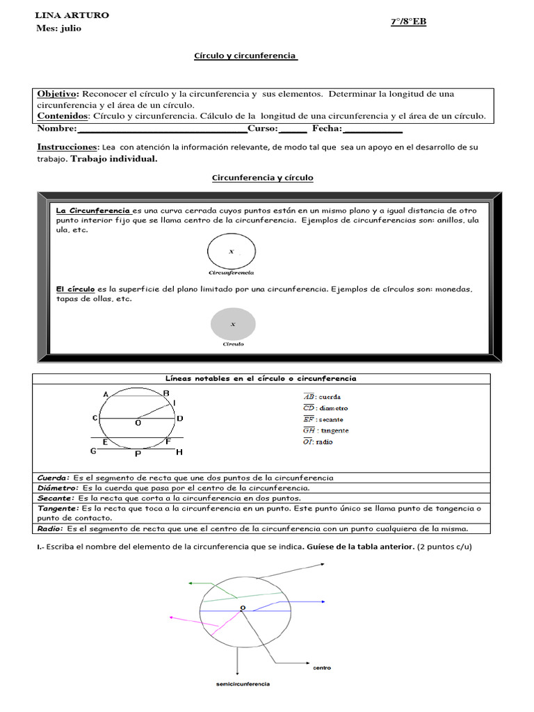 Elementos y Cálculos de Circunferencia | PDF | Pi | Circulo