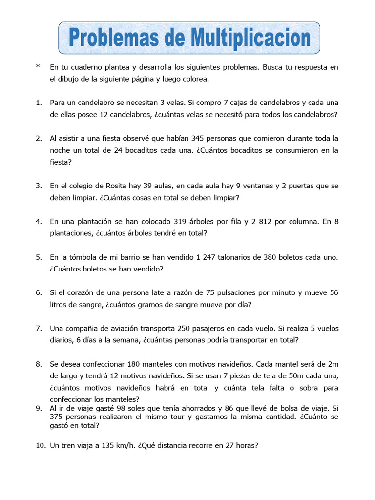 Ficha Problemas de Multiplicacion para Cuarto de Primaria | PDF
