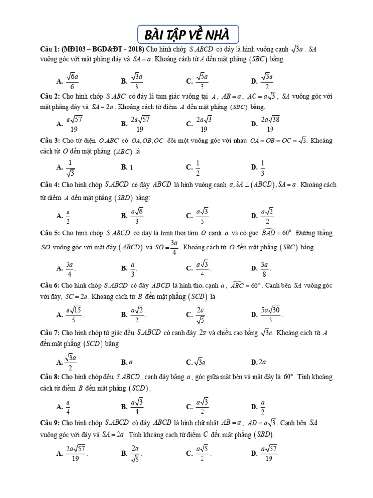 BTVN - Ôn tập khoảng cách từ 1 điểm đến mặt phẳng - P2 | PDF