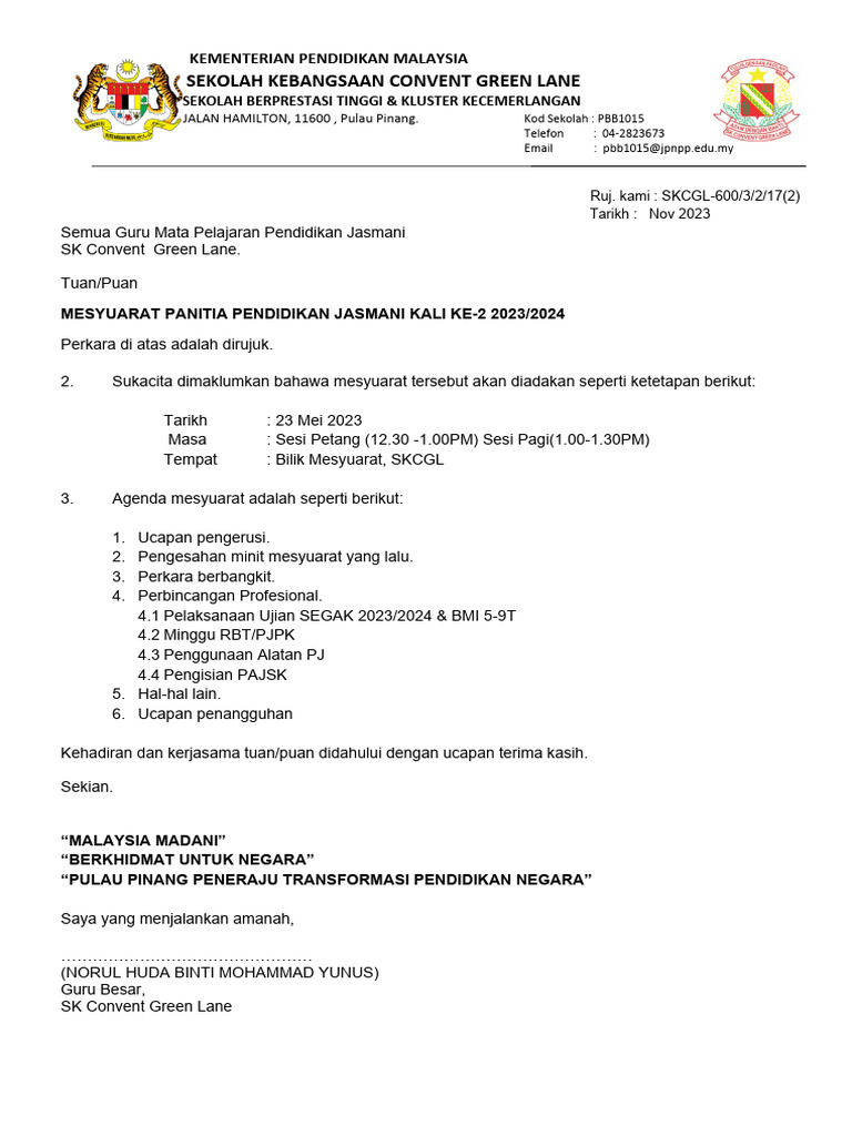 Surat Panggilan Mesyuarat Panitia PJPK Bil 2 2023 2024 | PDF