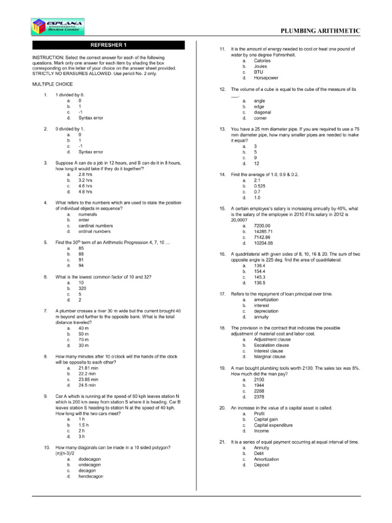 Plumbing Arithmetic-Refresher 1 | PDF