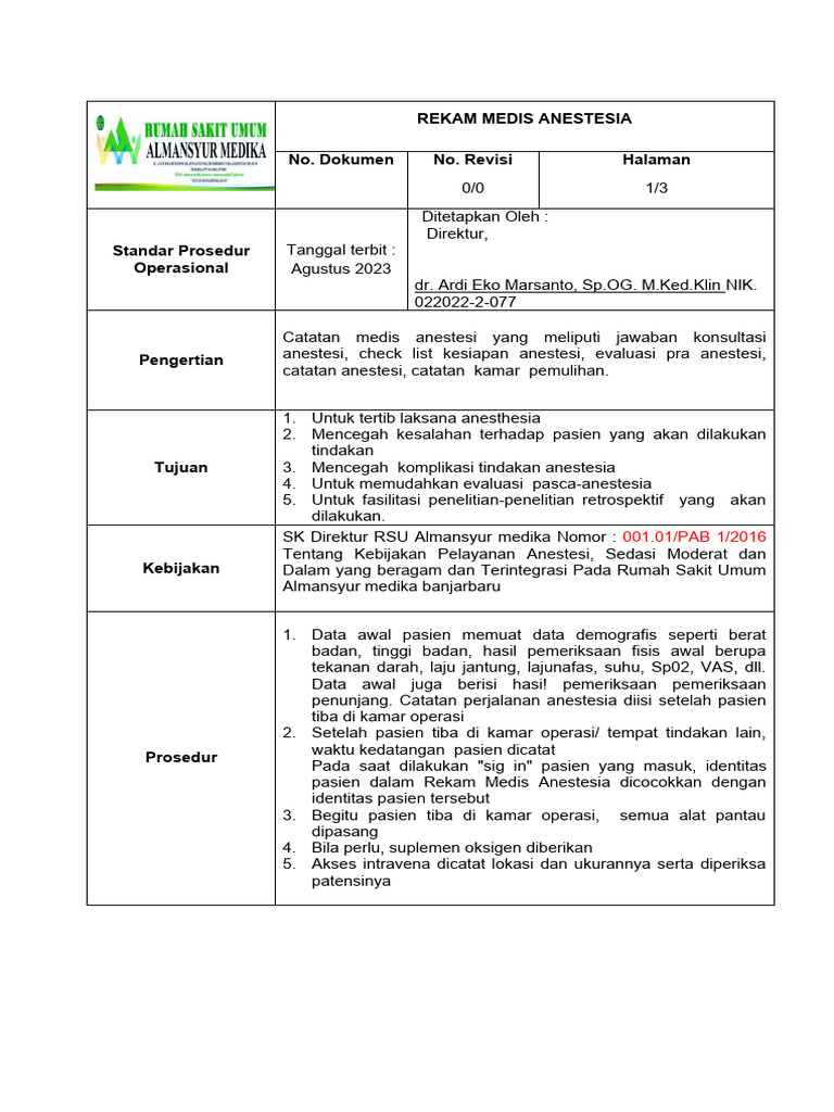 Spo Rekam Medis Anestesia | PDF