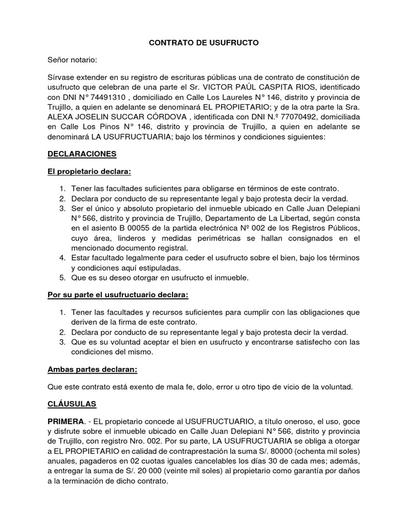 Contrato de USUFRUCTO | PDF | Propiedad | Justicia