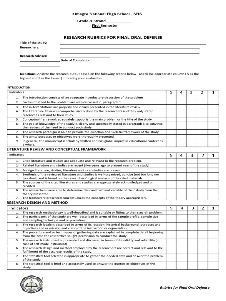 Research Rubrics for Oral Defense | PDF | Statistics | Sampling ...