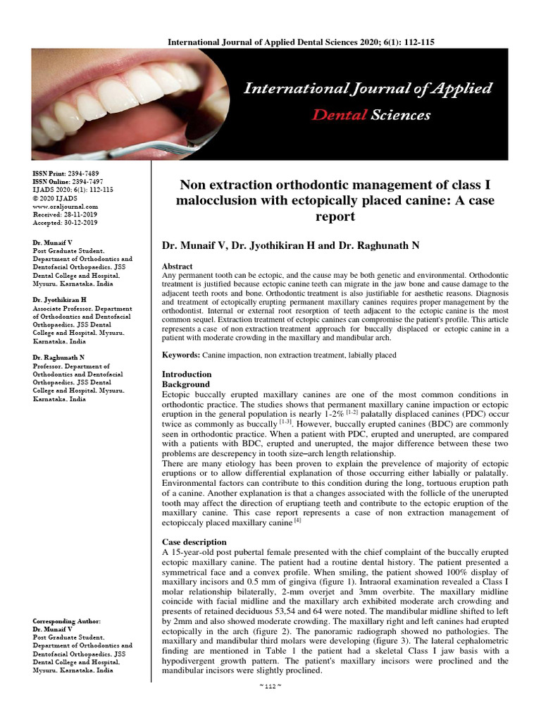 Non Extraction Orthodontic Management of Class I Malocclusion With ...