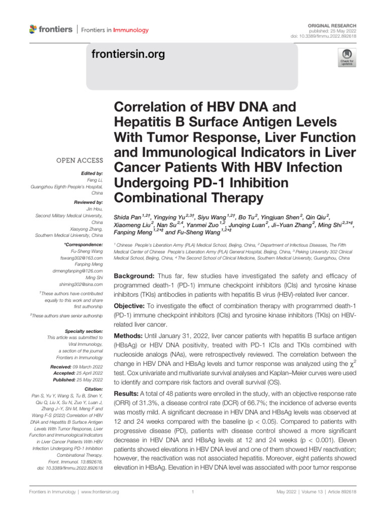 Correlation of HBV DNA and Hepatitis B Surface Antigen Levels With Tumor Response, Liver ...