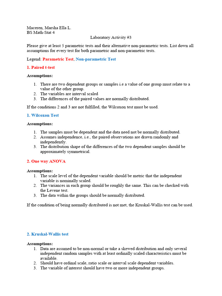 Parametric and Non Parametric Test | PDF | Student's T Test | Normal ...