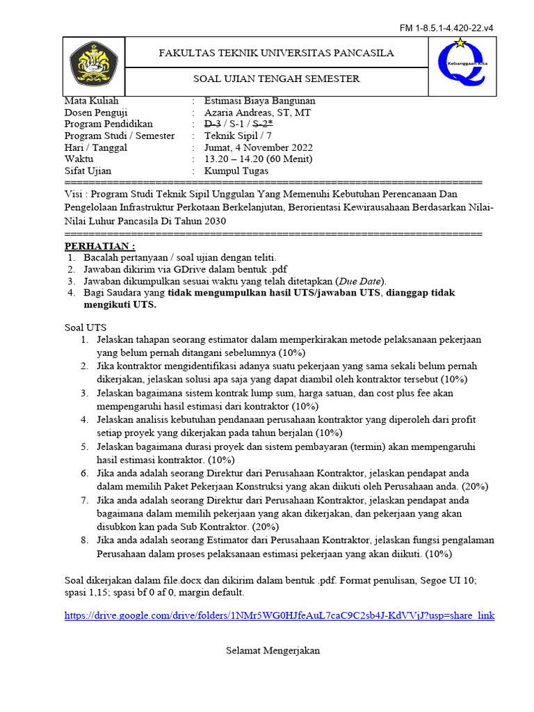 FORM SOAL UTS Estimasi Biaya Bangunan 2022 | PDF