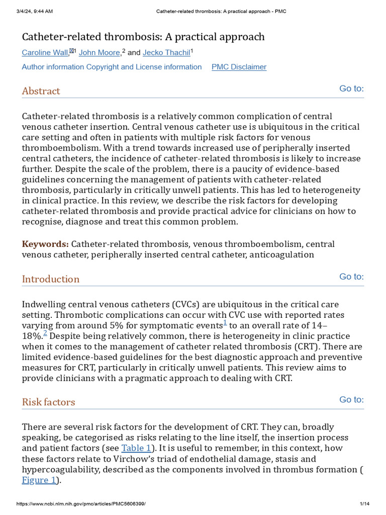 Catheter-Related Thrombosis - A Practical Approach - PMC | PDF | Thrombosis | Clinical Medicine