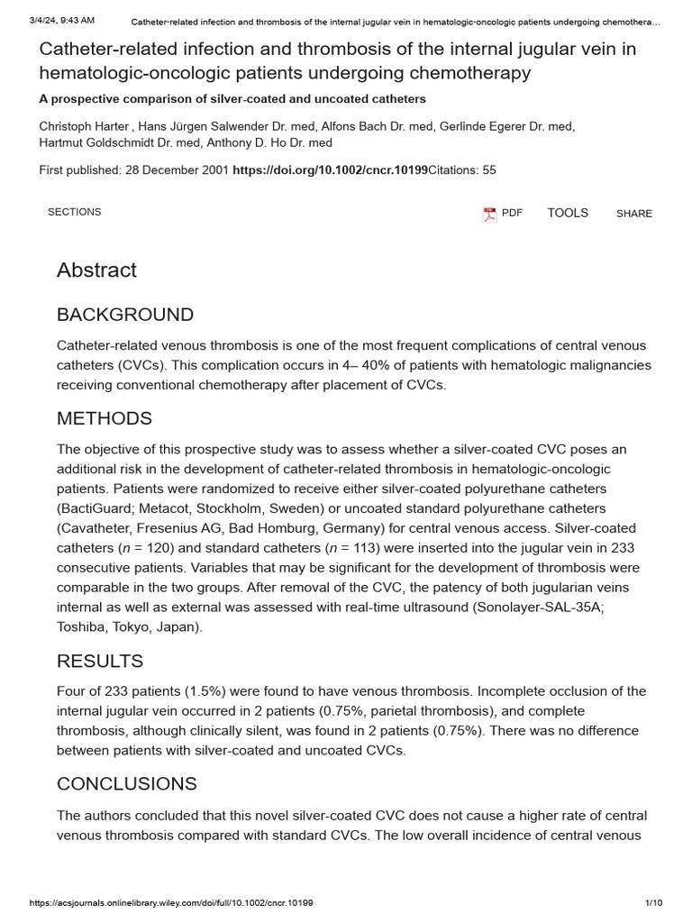 Catheter-Related Infection and Thrombosis of The Internal Jugular Vein in Hematologic-Oncologic ...