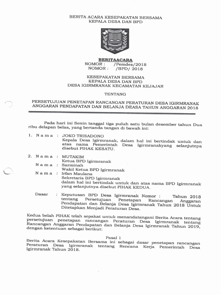 Berita Acara Musyawarah BPD Pembahasan APBDes TA. 2019 | PDF