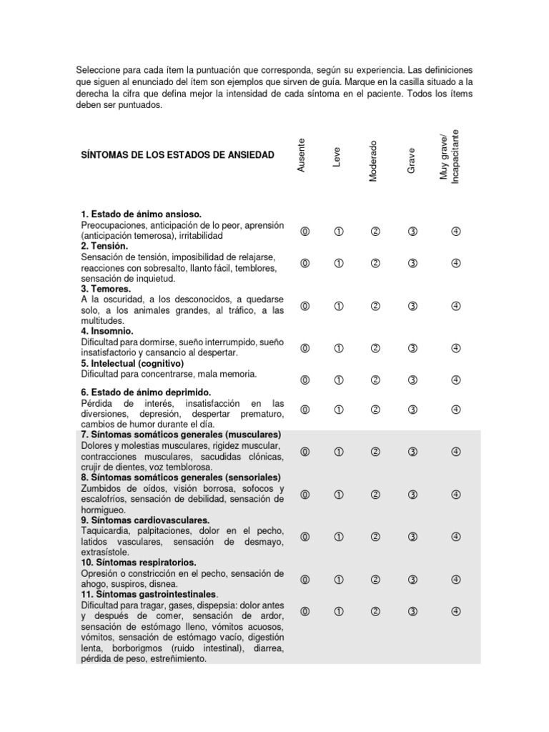 Test de Hamilton | PDF | Depresión (estado de ánimo) | Ansiedad