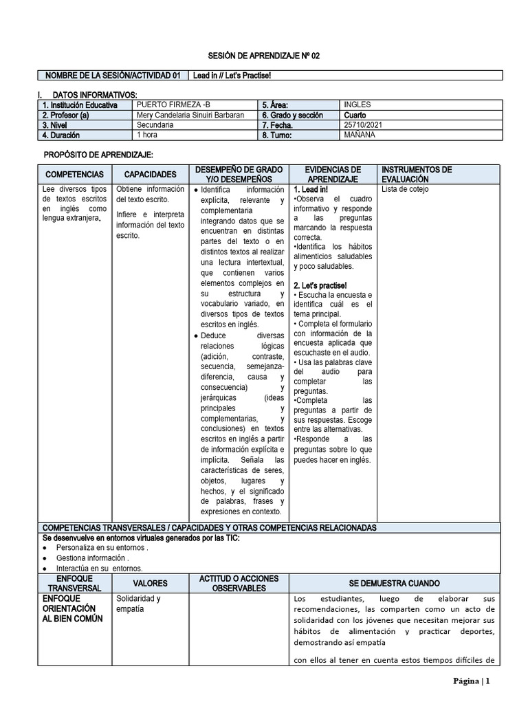 Sesión Ingles 4°-Actv 02 | PDF | Evaluación | Aprendizaje