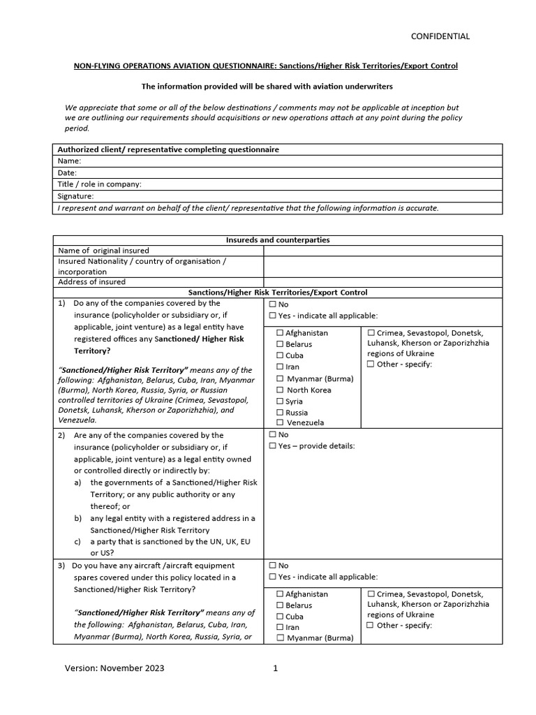 Aerospace Client Sanctions Questionnaire Non-Flying (Nov 2023) | PDF ...