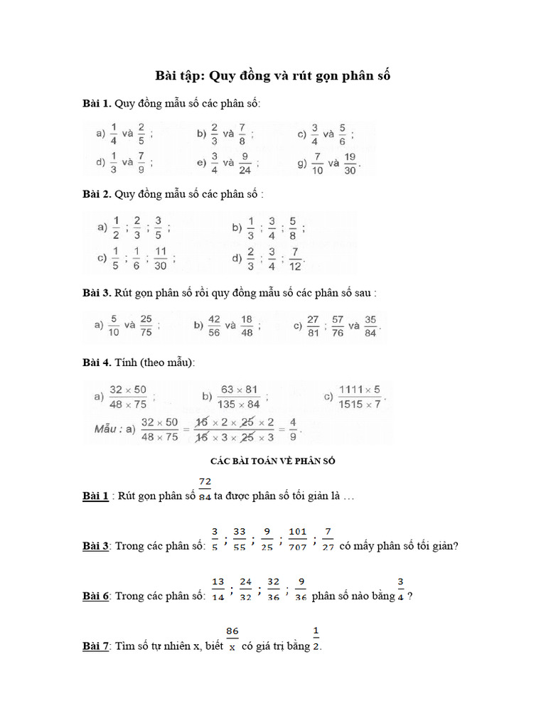 BT Toan Lop 4 Quy Dong Mau Cac Phan So | PDF