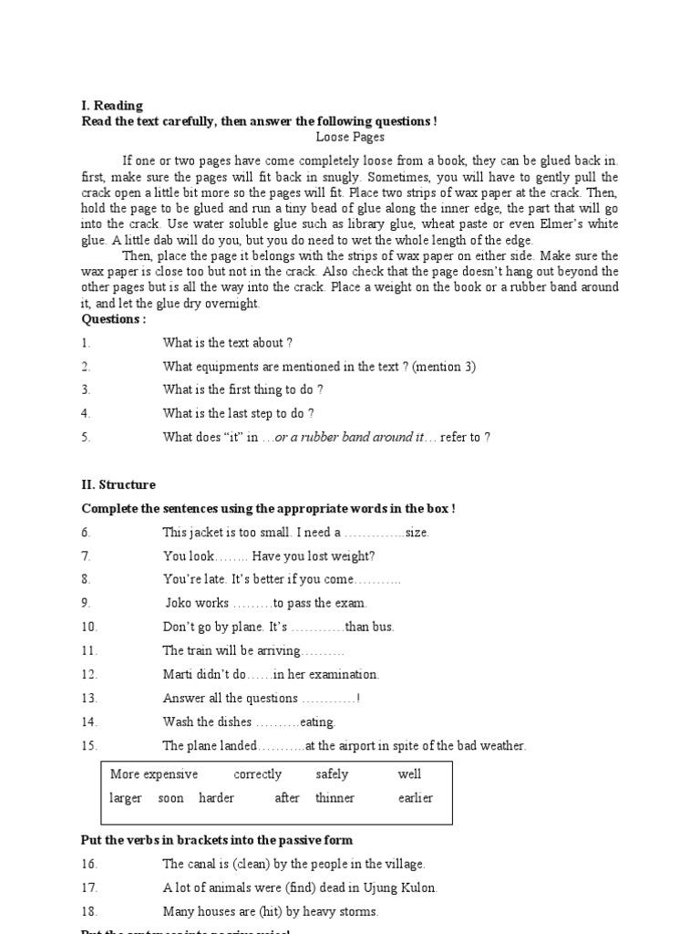 I. Reading Read The Text Carefully, Then Answer The Following Questions ...