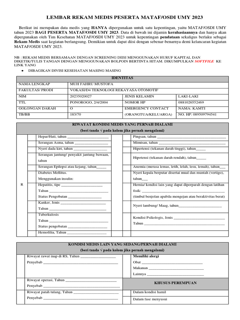 Rekam Medis Peserta Mataf Osdi 2023 - Muh Fahru Mustofa - Vokasi | PDF