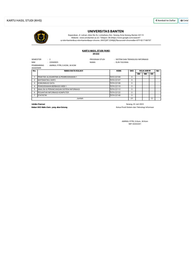 Kartu Hasil Studi (KHS) | PDF