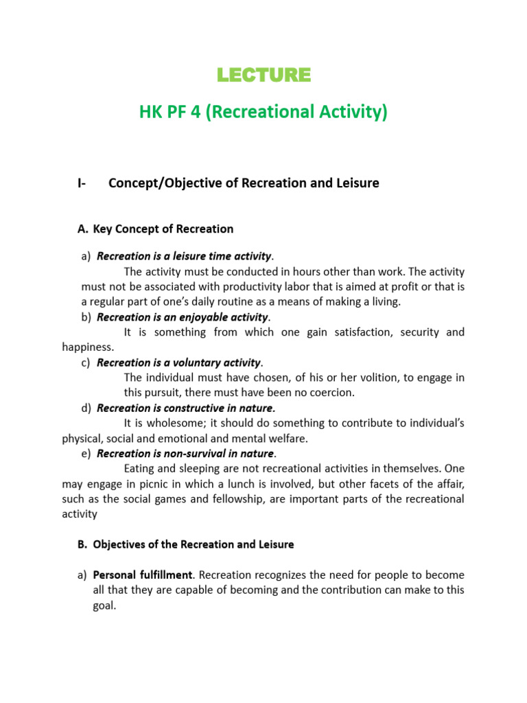 PATHFIT 4 - LECT 2 (Rec Act) | PDF | Recreation | Leisure