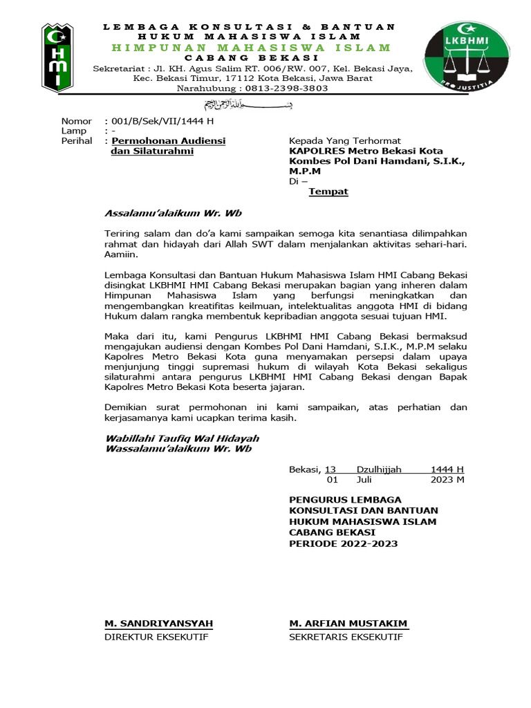 Surat Permohonan Audiensi - Kapolres Metro Bekasi Kota | PDF Surat Permohonan Audiensi - Kapolres Metro Bekasi Kota | PDF
