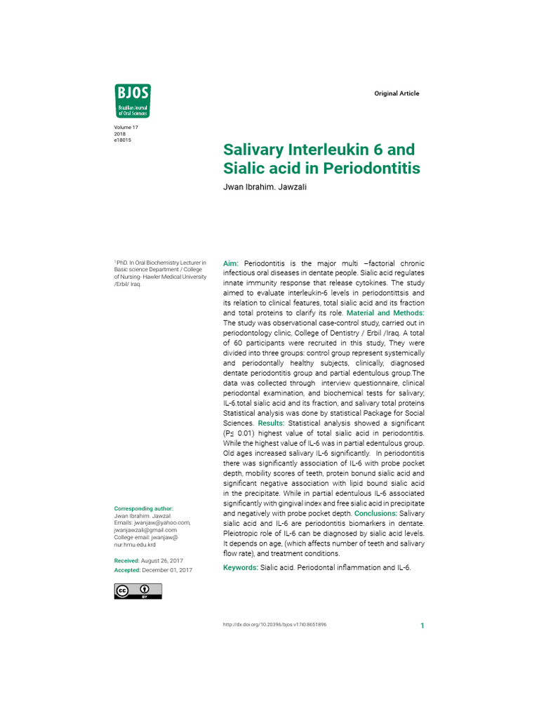 Salivary Interleukin 6 and | PDF | Inflammation | Interleukin 6