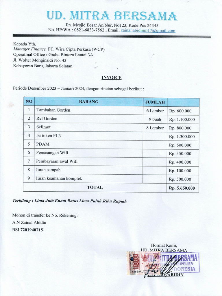 Invoice Ud Mitra Bersama | PDF