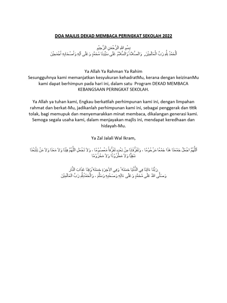 Doa Program Dekad Membaca SMK Puteri 2022 | PDF