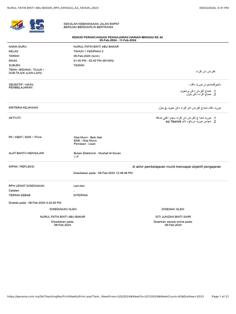 Nurul Fatin Binti Abu Bakar RPH Minggu 42 Tahun 2023 | PDF