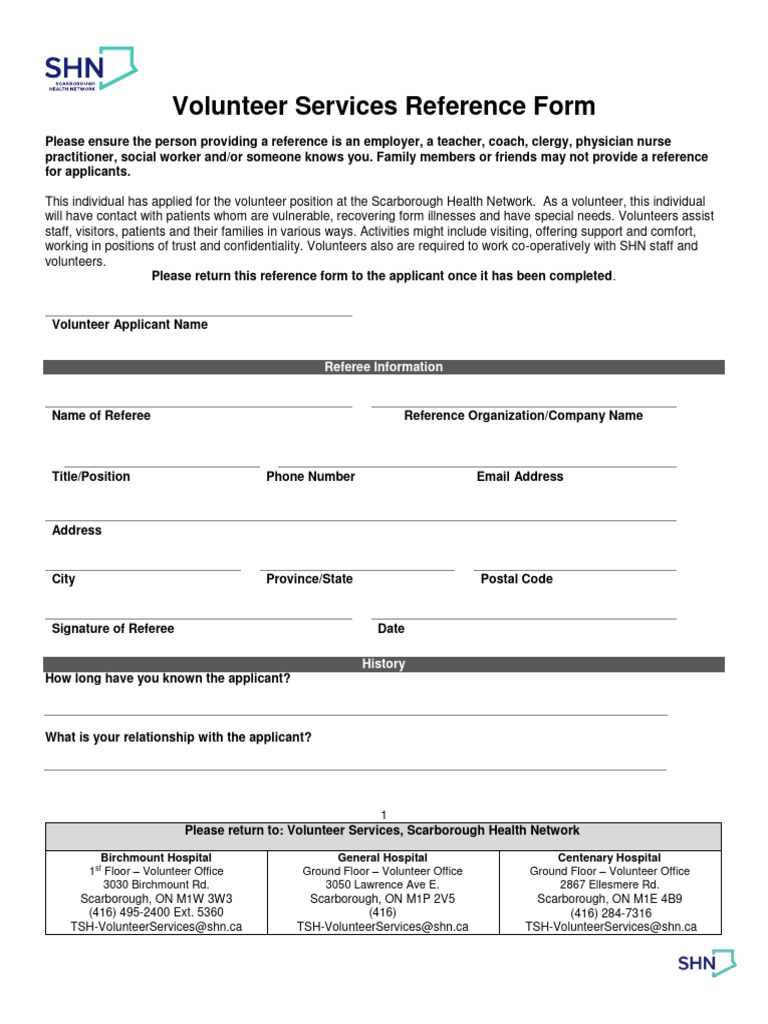 SHN Volunteer Reference Form | PDF | Volunteering | Hospital