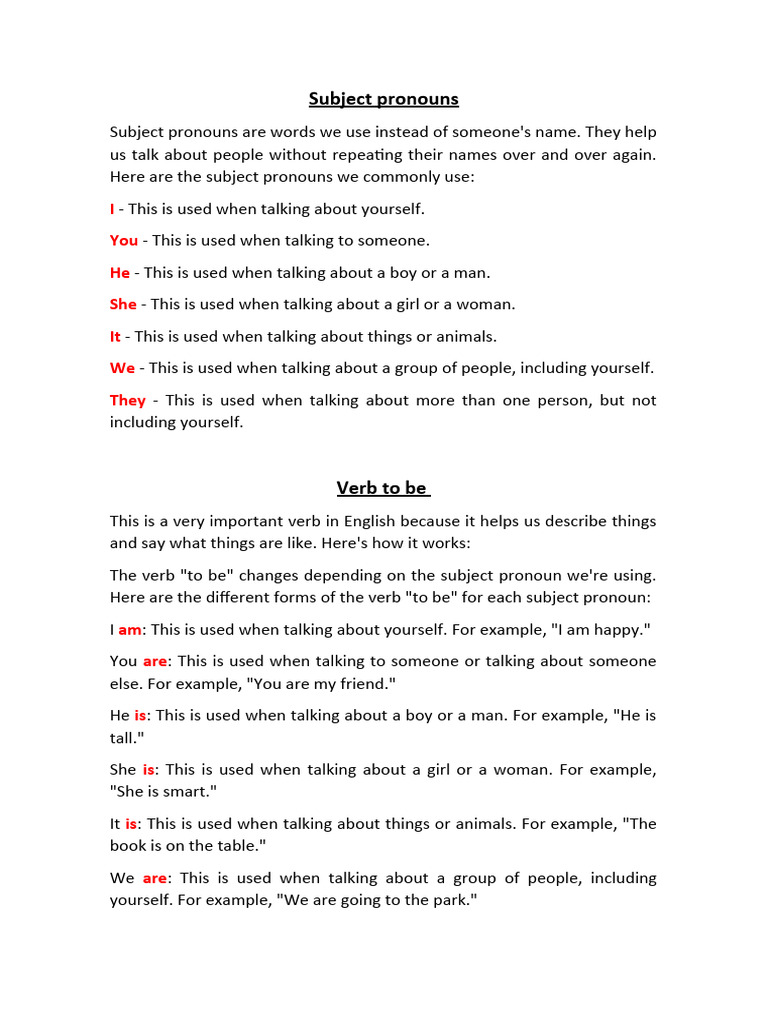 Understanding Subject Pronouns & "To Be" | PDF