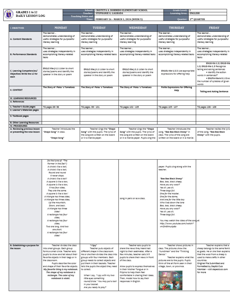 DLL - English 1 - Q3 - W5 | PDF | Learning | Sheep