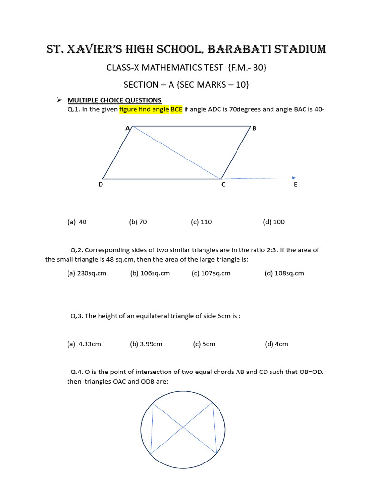 Class X Triangles Test Series | PDF | Triangle | Euclidean Geometry