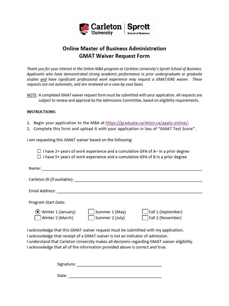 Carleton Online MBA GMAT Waiver Request Form | PDF