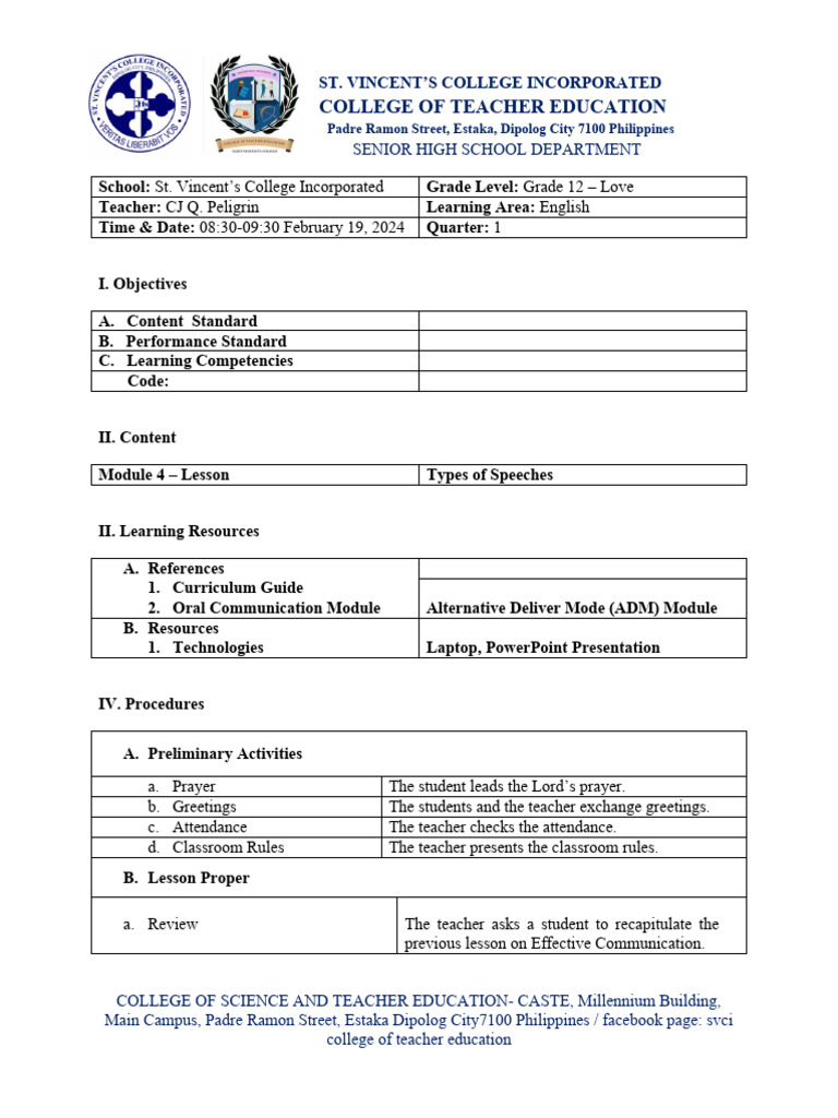 Types of Speeches Lesson Plan | PDF | Human Communication | Cognition