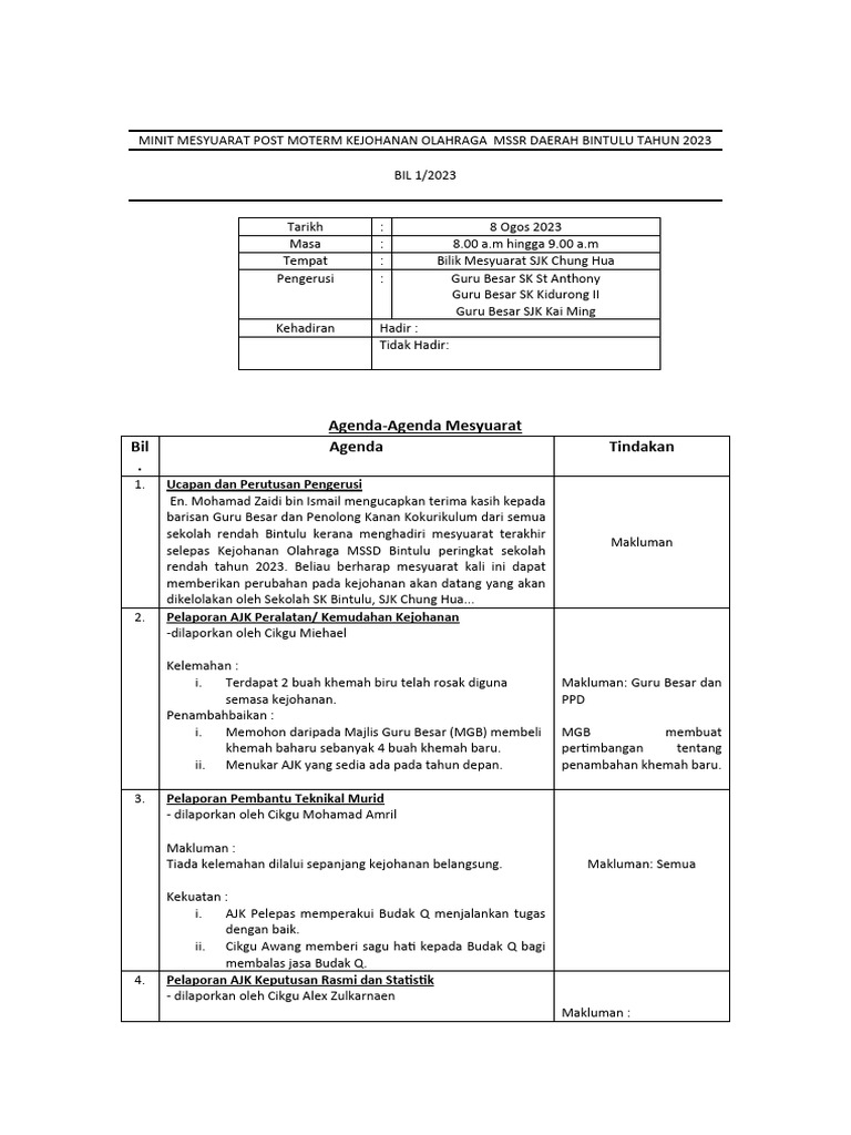Minit Mesyuarat Post Moterm Kejohanan Olahraga MS | PDF